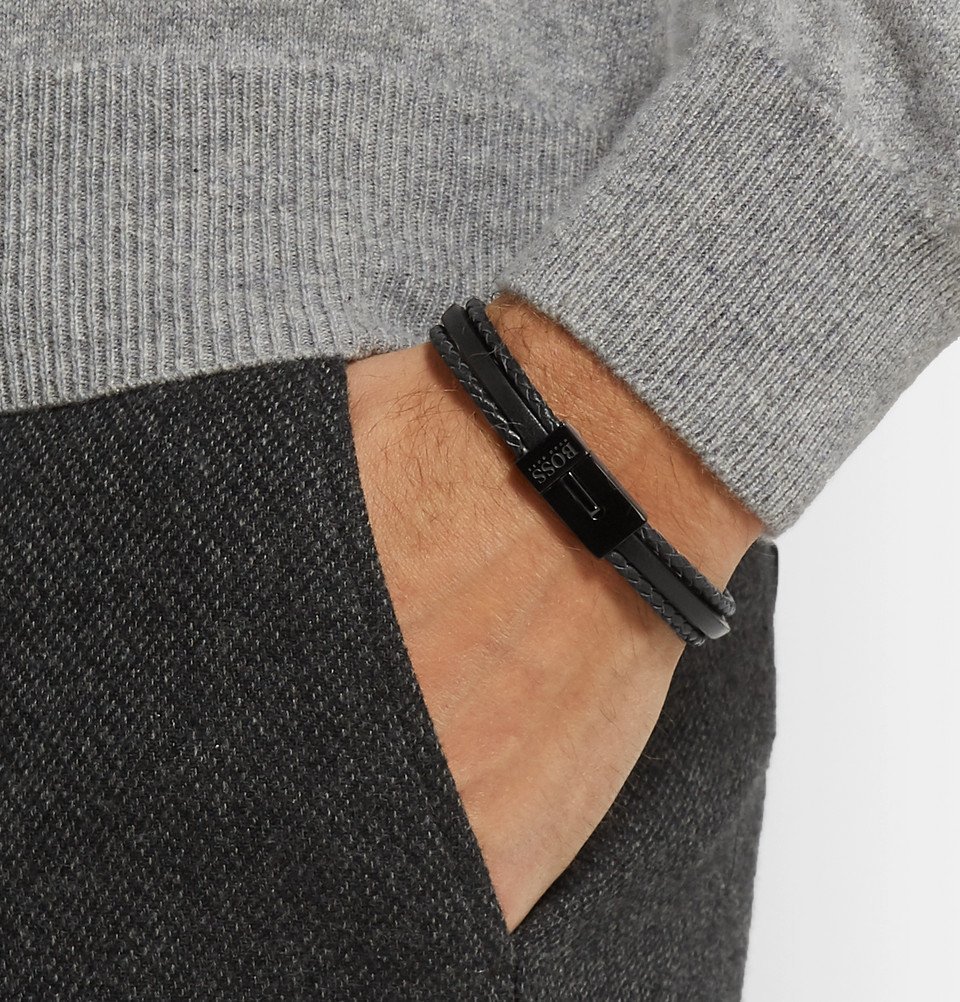 Hugo Boss - Baylor Woven and Smooth Leather Wrap Bracelet - Silver Hugo ...