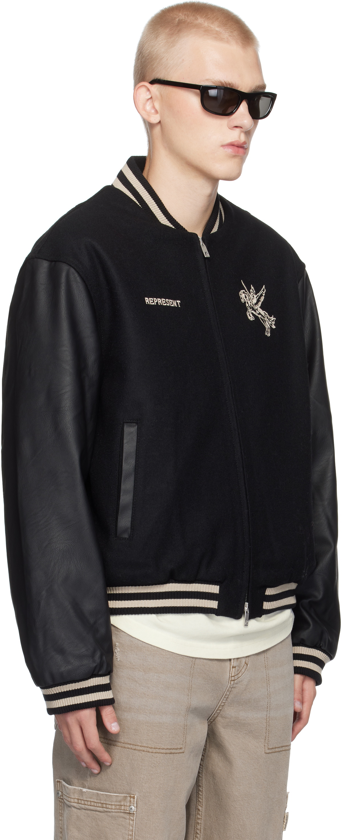 Represent Black Mascot Wool Varsity Bomber Jacket Represent