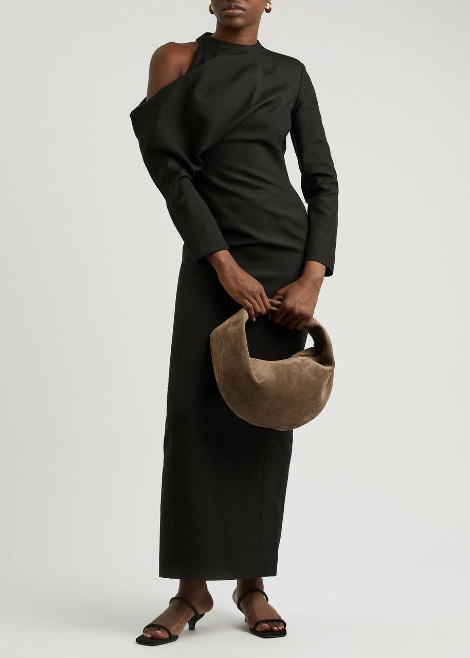 Khaite Trey Off-the-shoulder Woven Maxi Dress Black Khaite