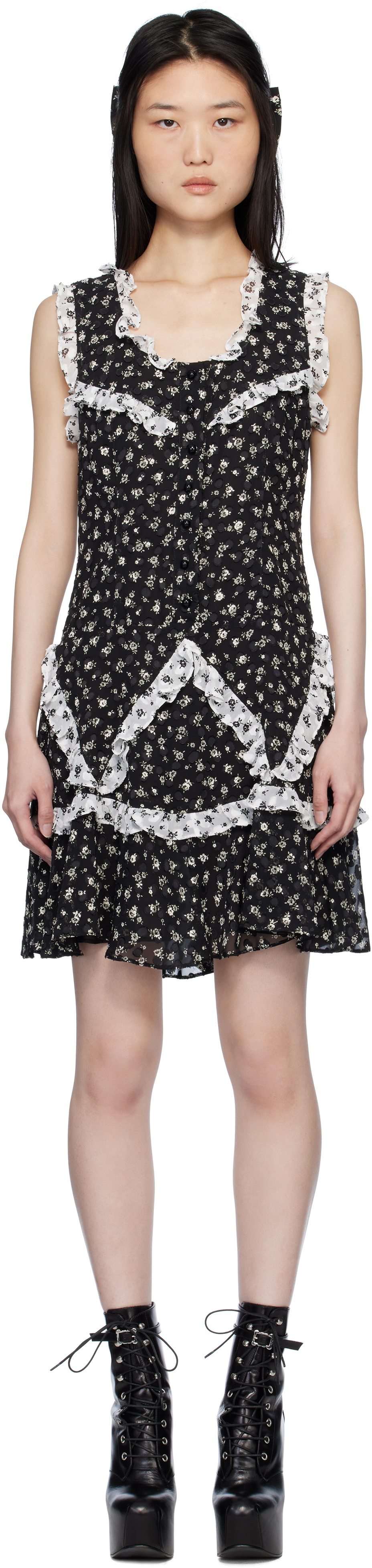 Anna Sui Black Ditsy Dot Chiffon Ruffle Minidress Anna Sui