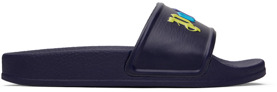 Palm Angels Kids Navy Colors Logo Pool Slides Palm Angels