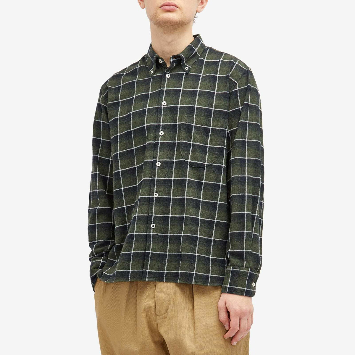 Universal Works Men's Lazy Day Check Shirt in Olive Universal Works