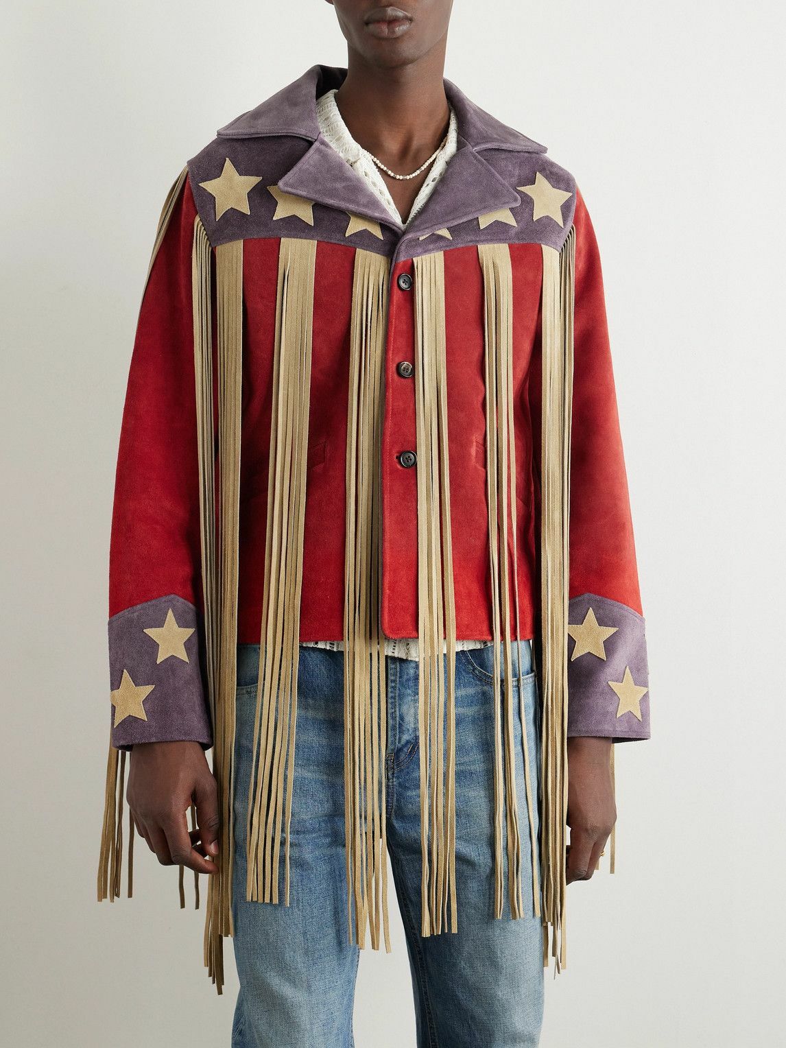 BODE - Appliquéd Colour-Block Fringed Suede Jacket - Red Bode