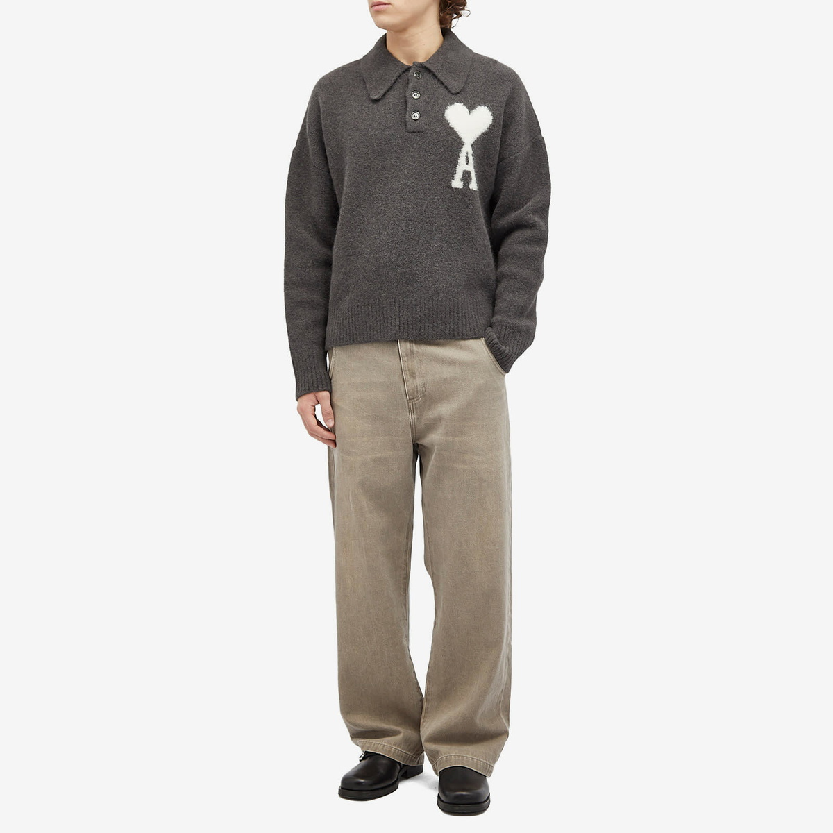 AMI Paris Men's A Heart Knitted Polo in Dark Grey AMI