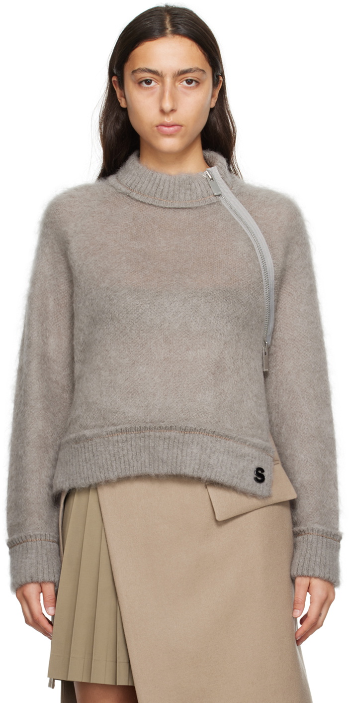 sacai Gray Offset Zip Sweater Sacai