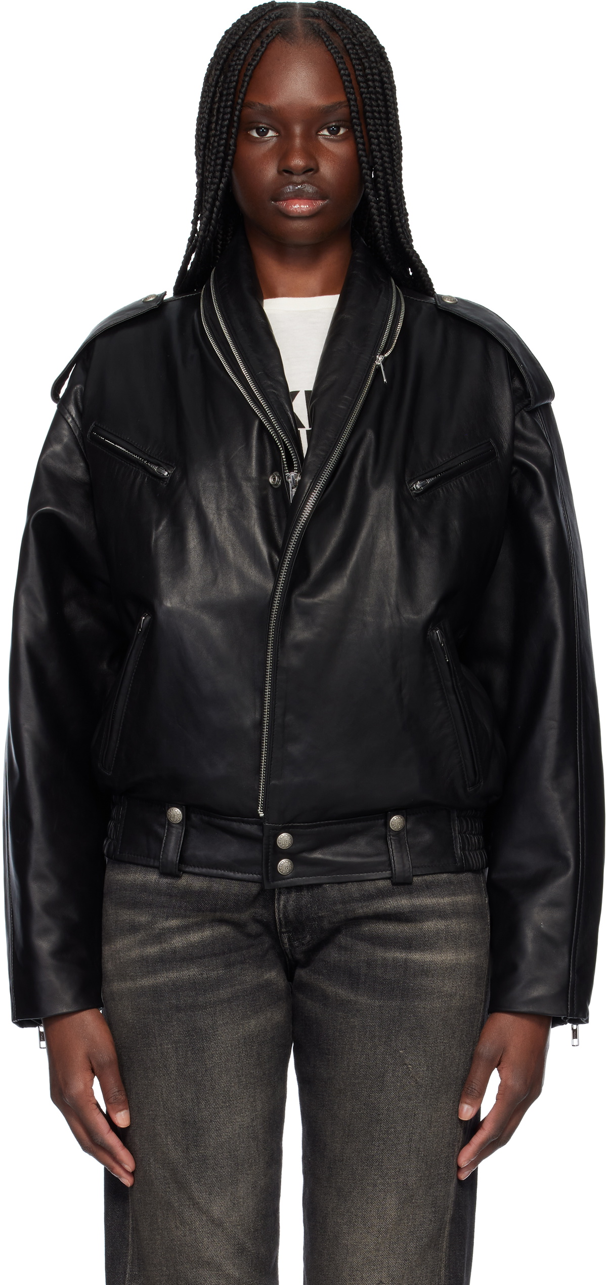 R13 Black Zip Collar Motorcycle Leather Jacket R13