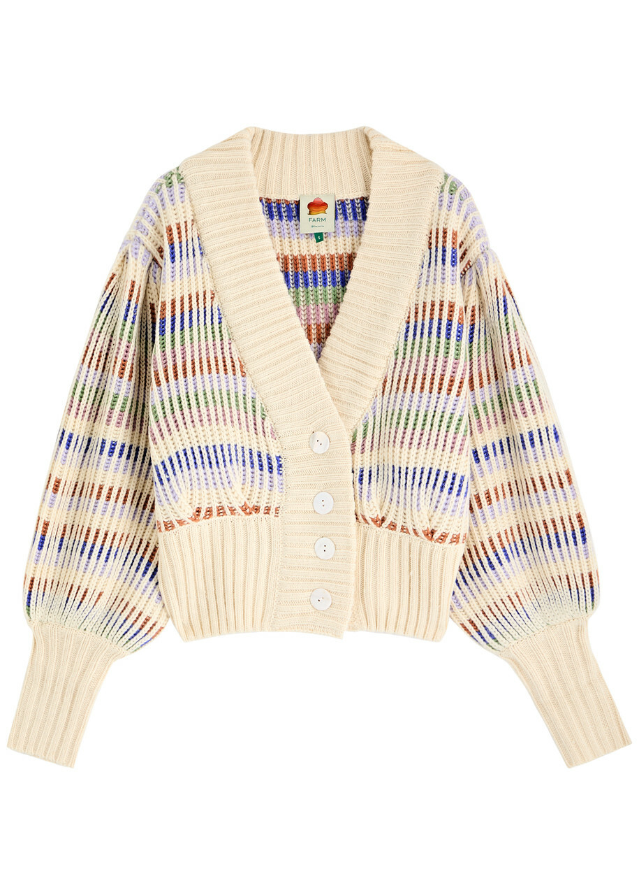 Farm Rio Striped Ribbed-knit Cardigan Cream Farm Rio