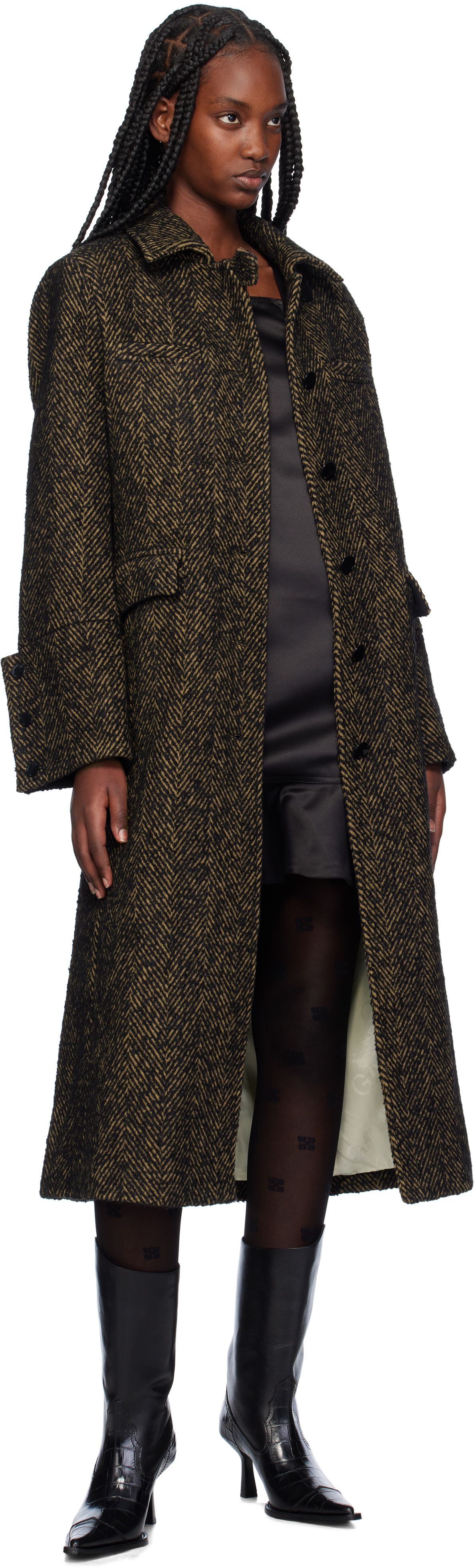 GANNI Brown Herringbone Wool Coat GANNI