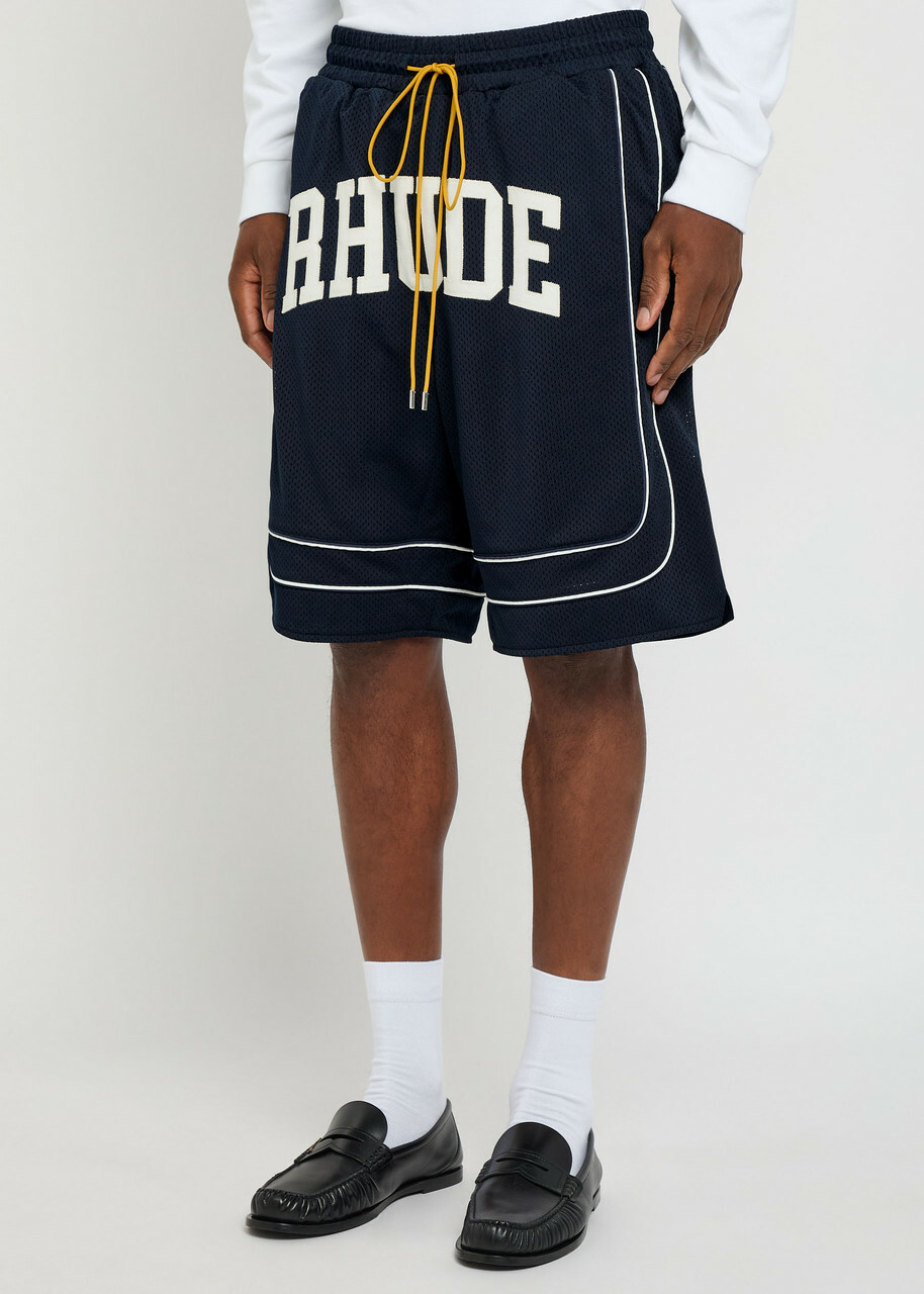 Rhude Collegiate Logo Perforated Mesh Shorts Navy Rhude