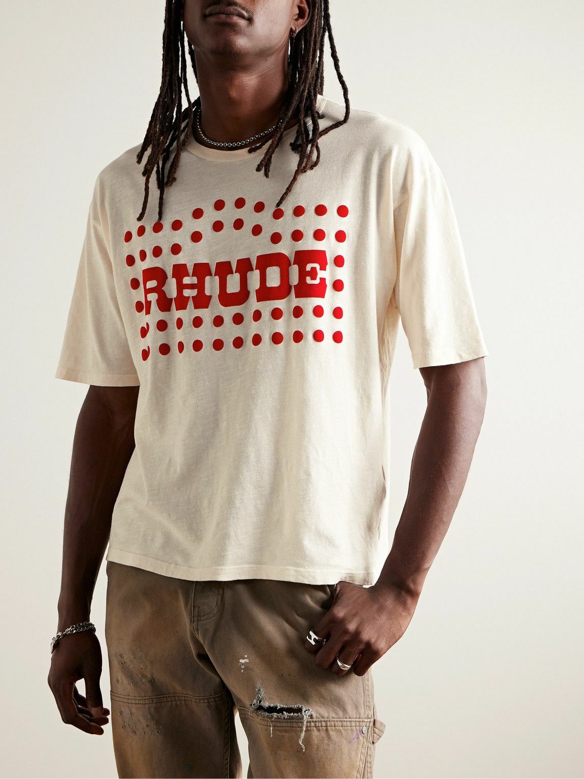 Rhude - Logo-Flocked Cotton-Jersey T-Shirt - White Rhude