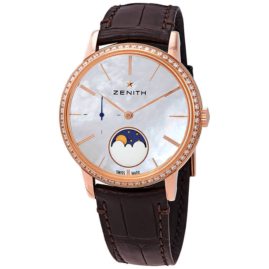 Zenith Elite Lady 18kt Rose Gold Automatic Moonphase Diamond White ...