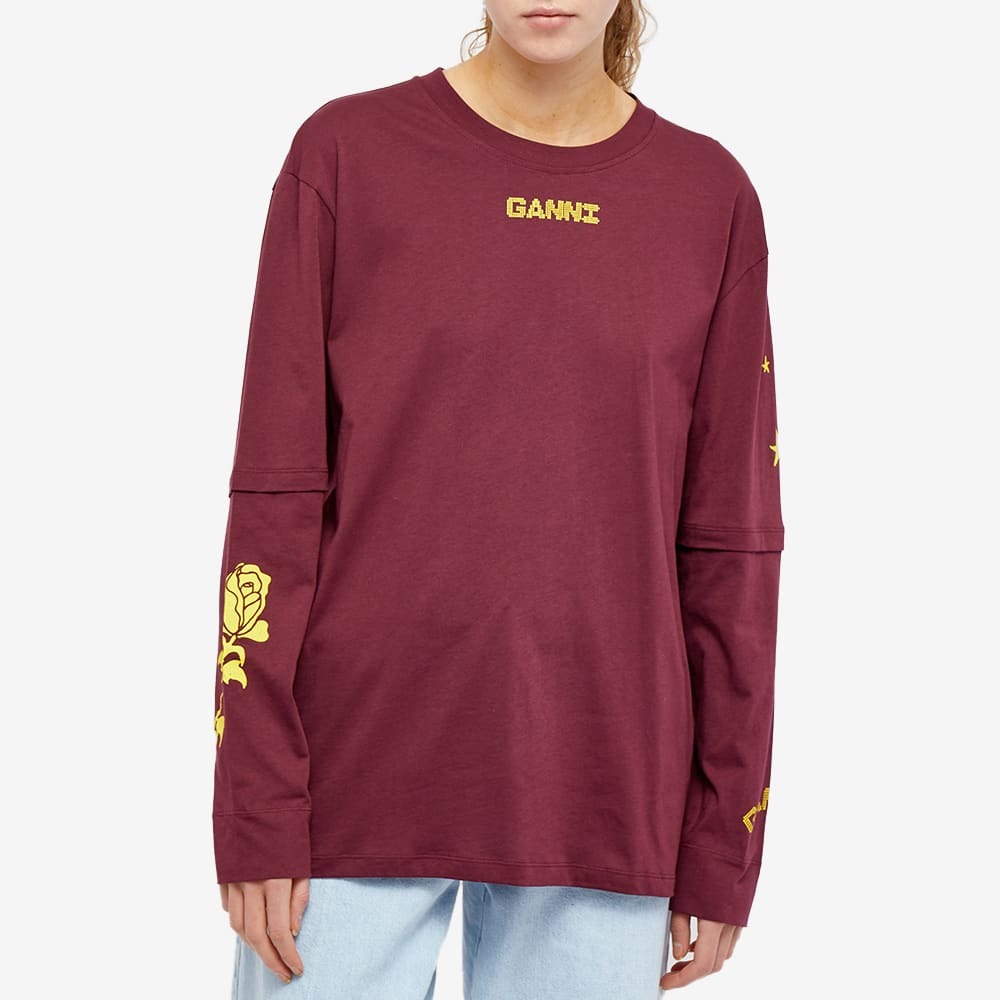 GANNI Women's Long Sleeve Logo Rose Arm T-Shirt in Port Royale GANNI