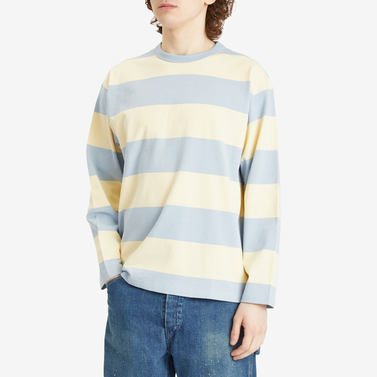 BEAMS Men's Block Stripe Long Sleeve T-Shirt in Sax/Natural Beams Boy