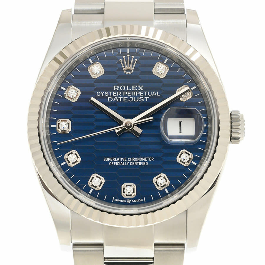 Rolex Datejust 36 Bright Blue Fluted-Motif Diamond Dial Automatic Mens ...