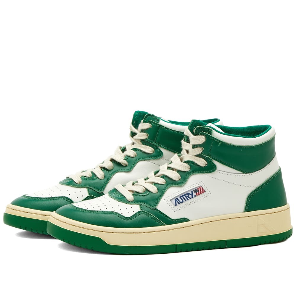 Autry Women's Medalist Mid Sneakers in White/Green Autry