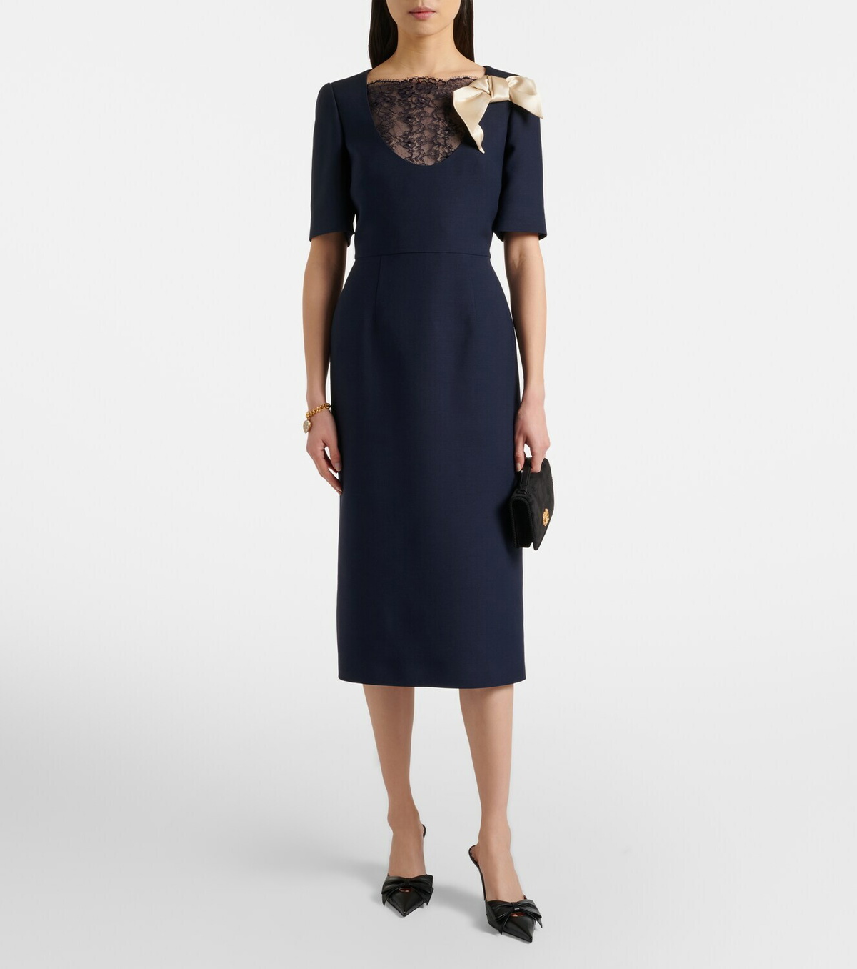 Valentino Crepe Couture bow-detail lace-trimmed midi dress Valentino