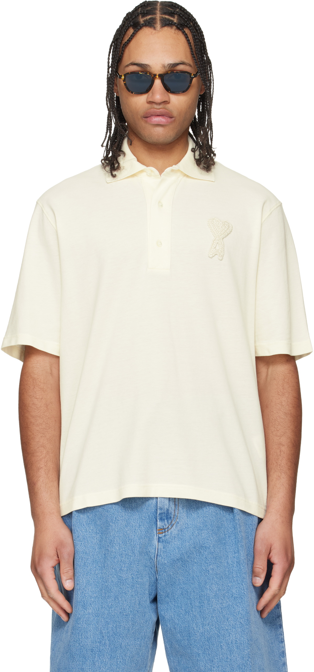 AMI Paris Off-White Cotton Ami de Coeur Knitted Patch Polo AMI