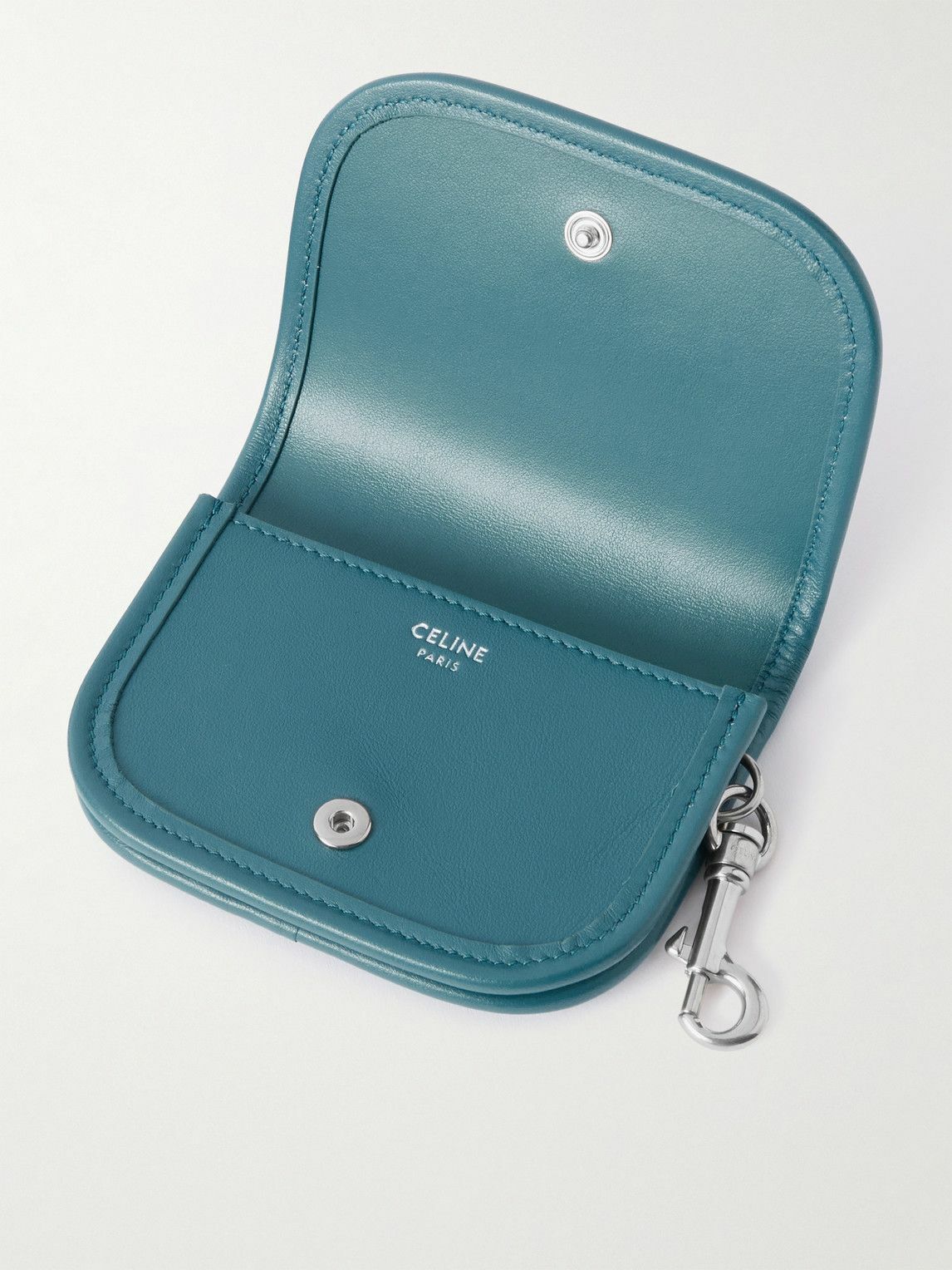 CELINE - Nano Logo-Embellished Leather and Silver-Tone Keyring Wallet ...