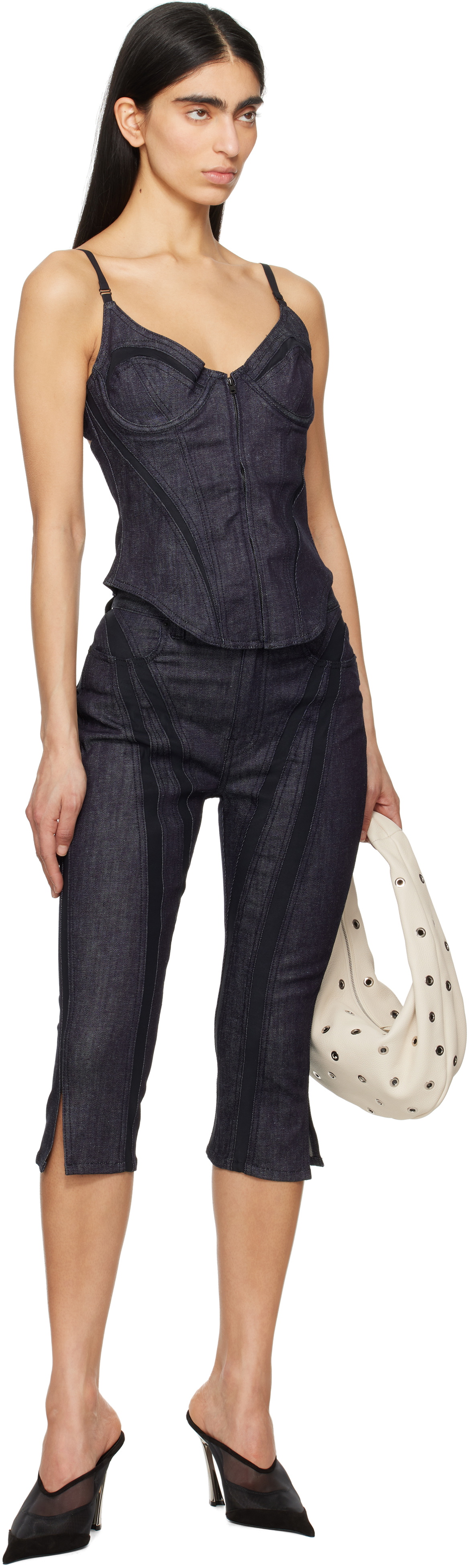 Mugler Navy Mesh Capri Raw Denim Shorts Mugler