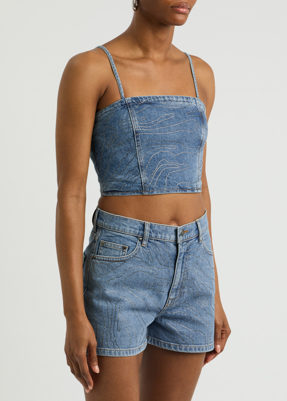 Rotate Birger Christensen Crystal-embellished Cropped Stretch-denim top ...