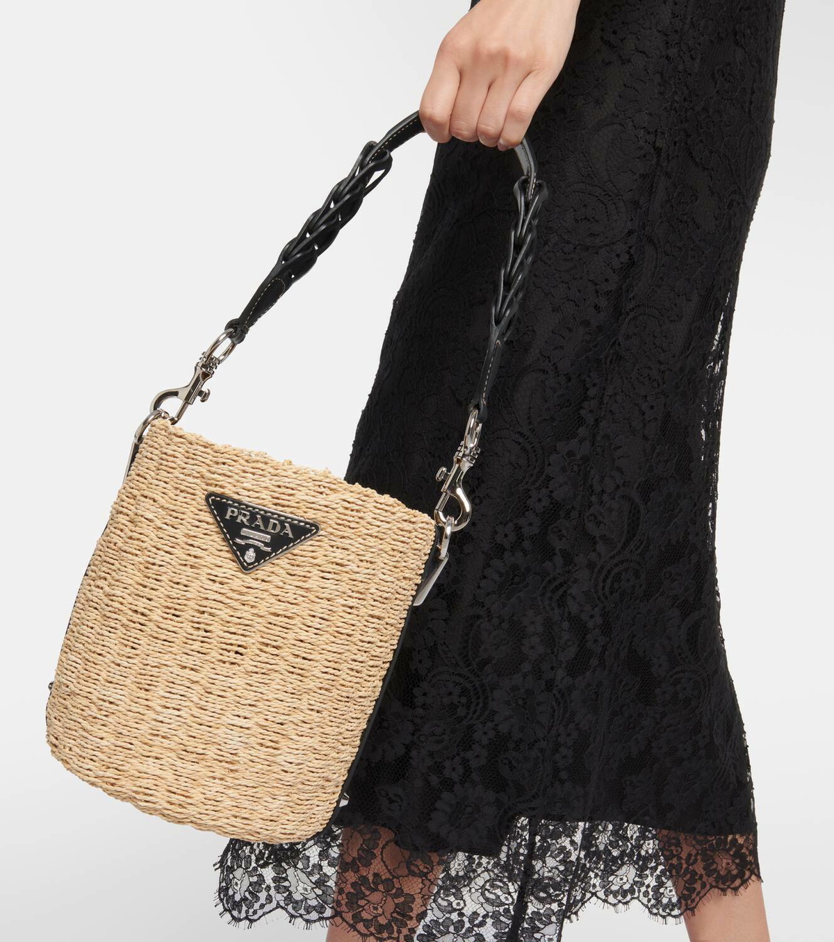 Prada Leather-trimmed raffia bucket bag Prada