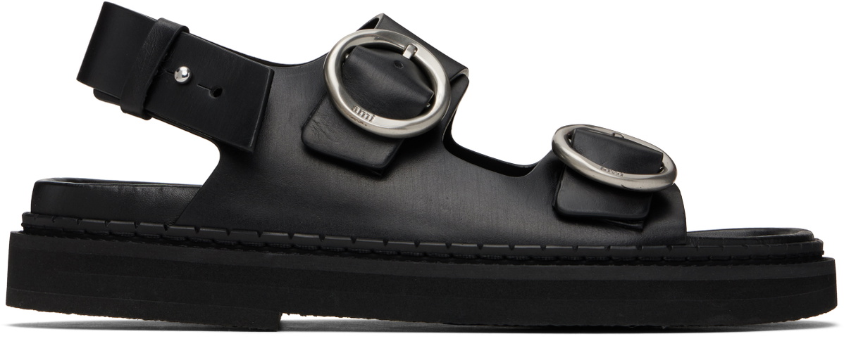 AMI Paris Black Leather Fussbet Midi Sandals AMI