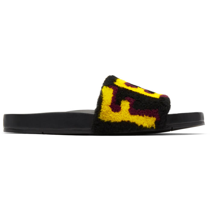 Fendi Black Shearling Logo Slides Fendi