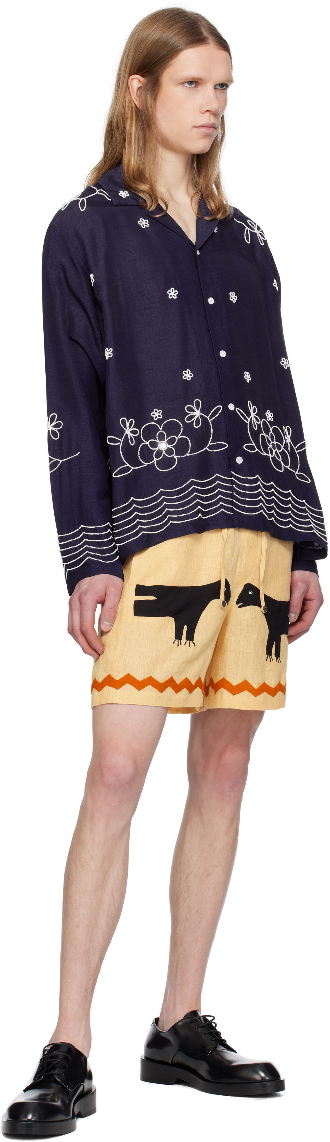 HARAGO Navy Bead Embroidered Shirt HARAGO