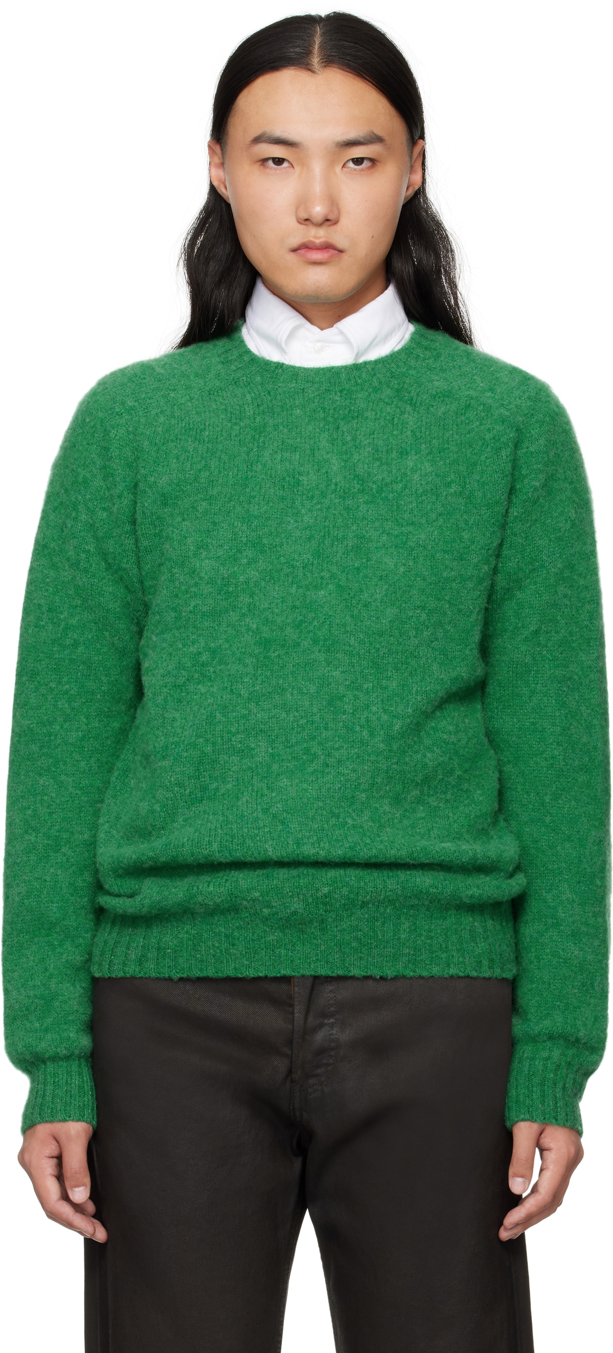 Drake's Green Brushed Shetland Crew Neck Sweater Drake's