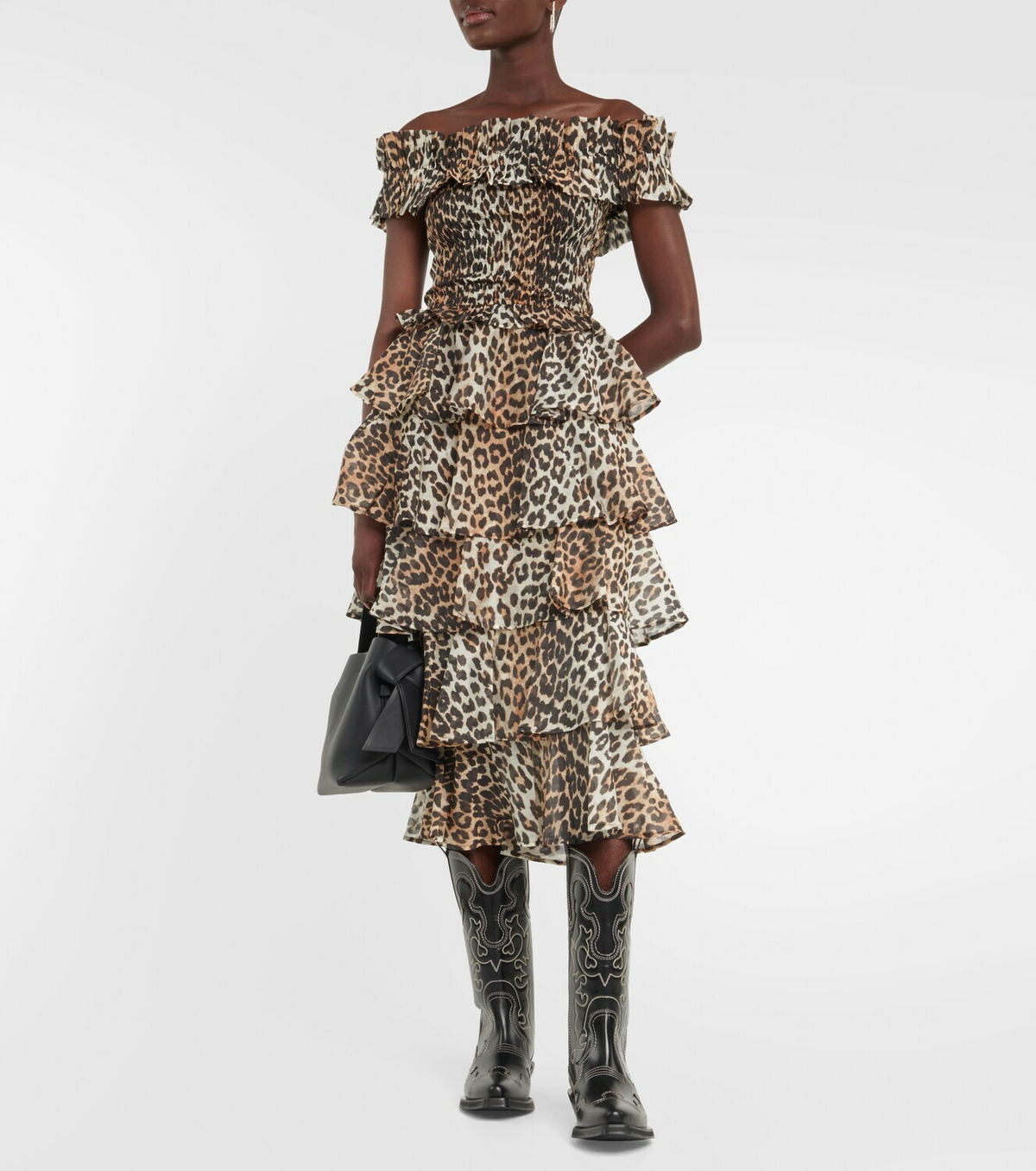 Ganni Leopard-print off-shoulder voile top GANNI