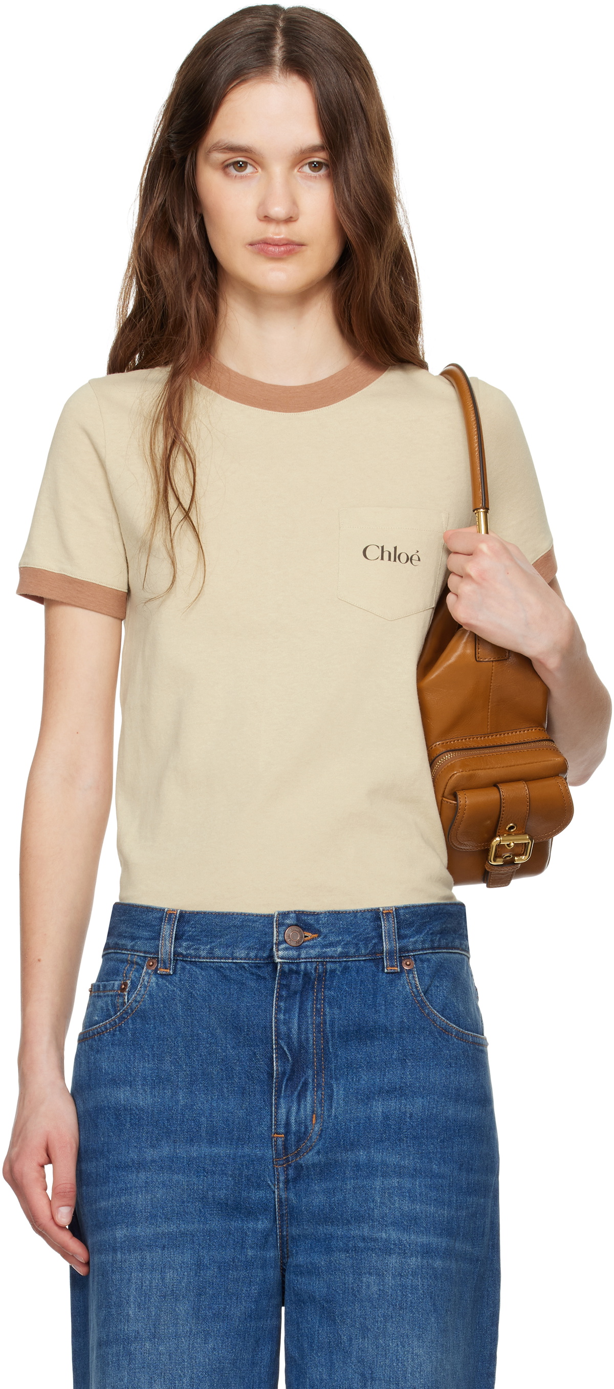 Chloé Beige Crew-Neck Logo T-shirt Chloe