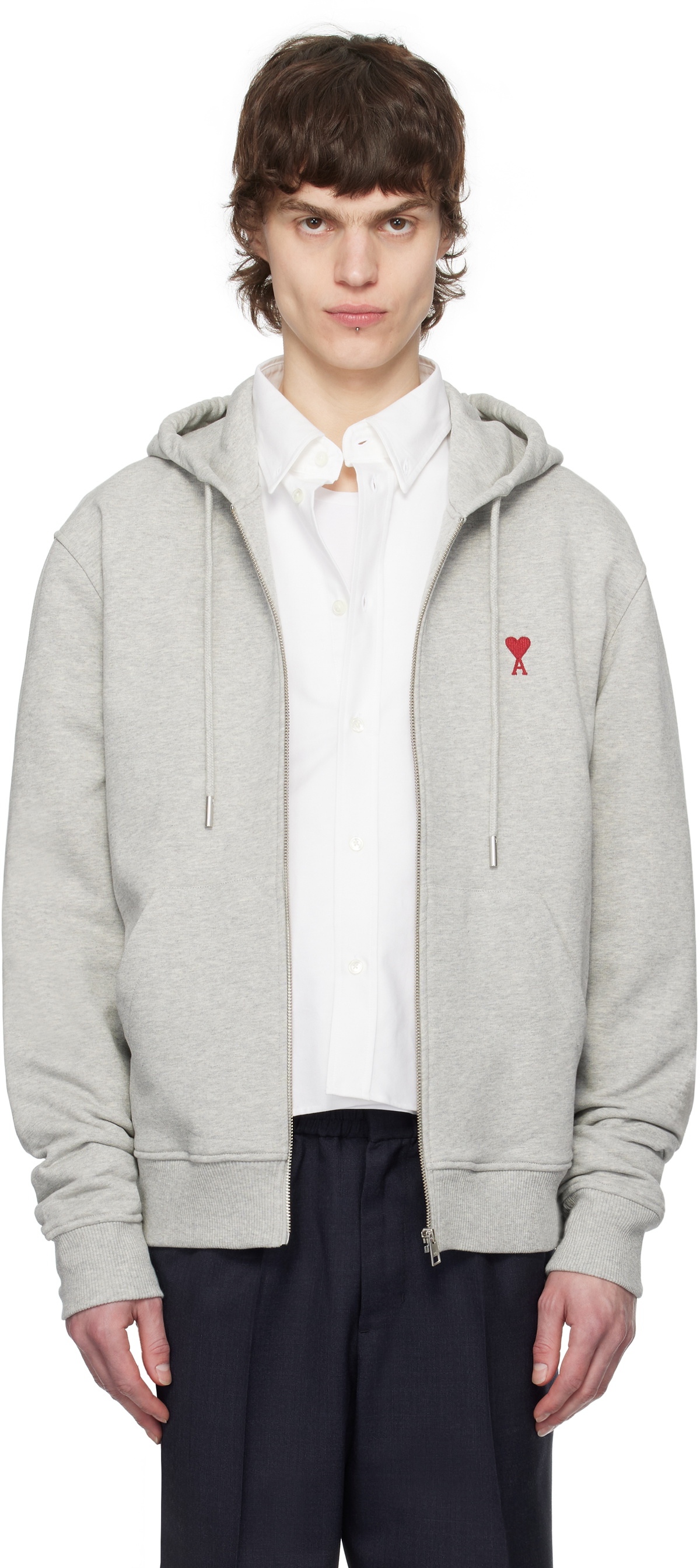 AMI Paris Gray Cotton Ami de Coeur Zipped Hoodie AMI