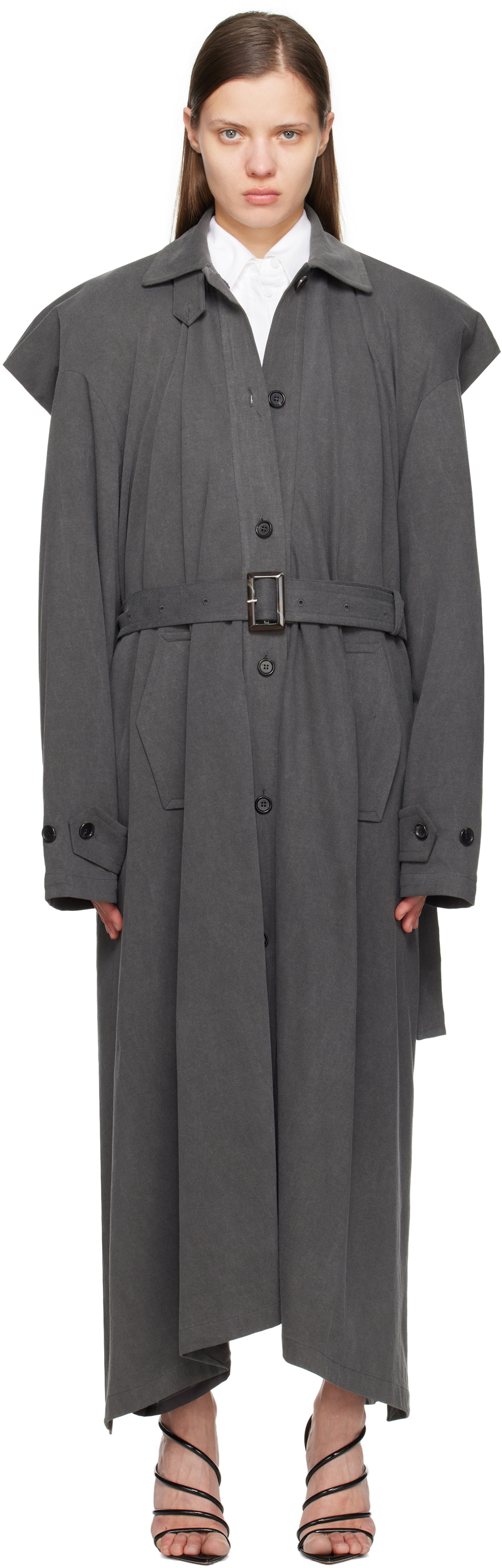 Pushbutton Gray Square Trench Coat Pushbutton