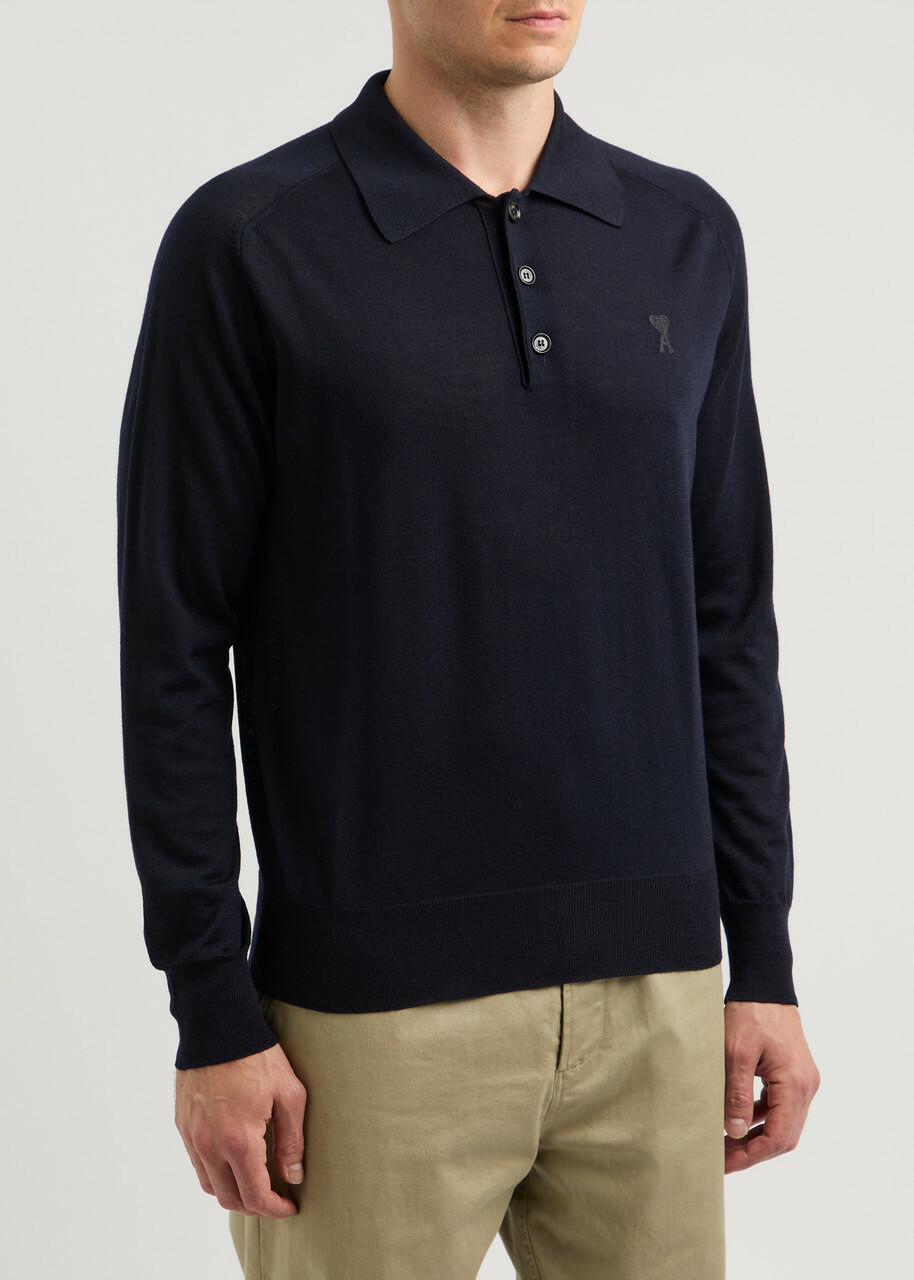 Ami Paris Logo-embroidered Wool Polo Shirt Blue AMI
