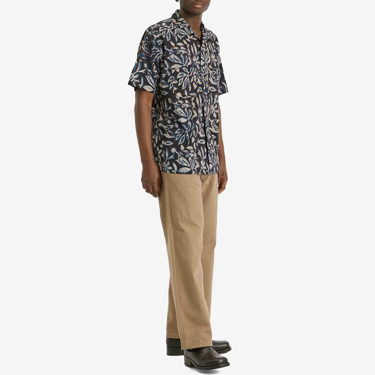 Beams Plus Men's Open Collar Block Print Leaf Shirt in Navy Beams Plus