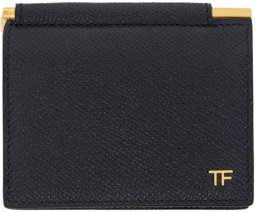 TOM FORD Black Small Grain Leather Folding Money Clip Card Holder TOM FORD