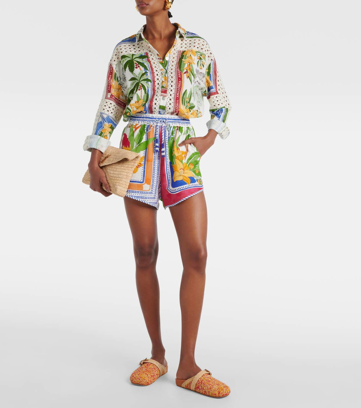 Farm Rio Tropical Destination linen-blend crochet shorts Farm Rio