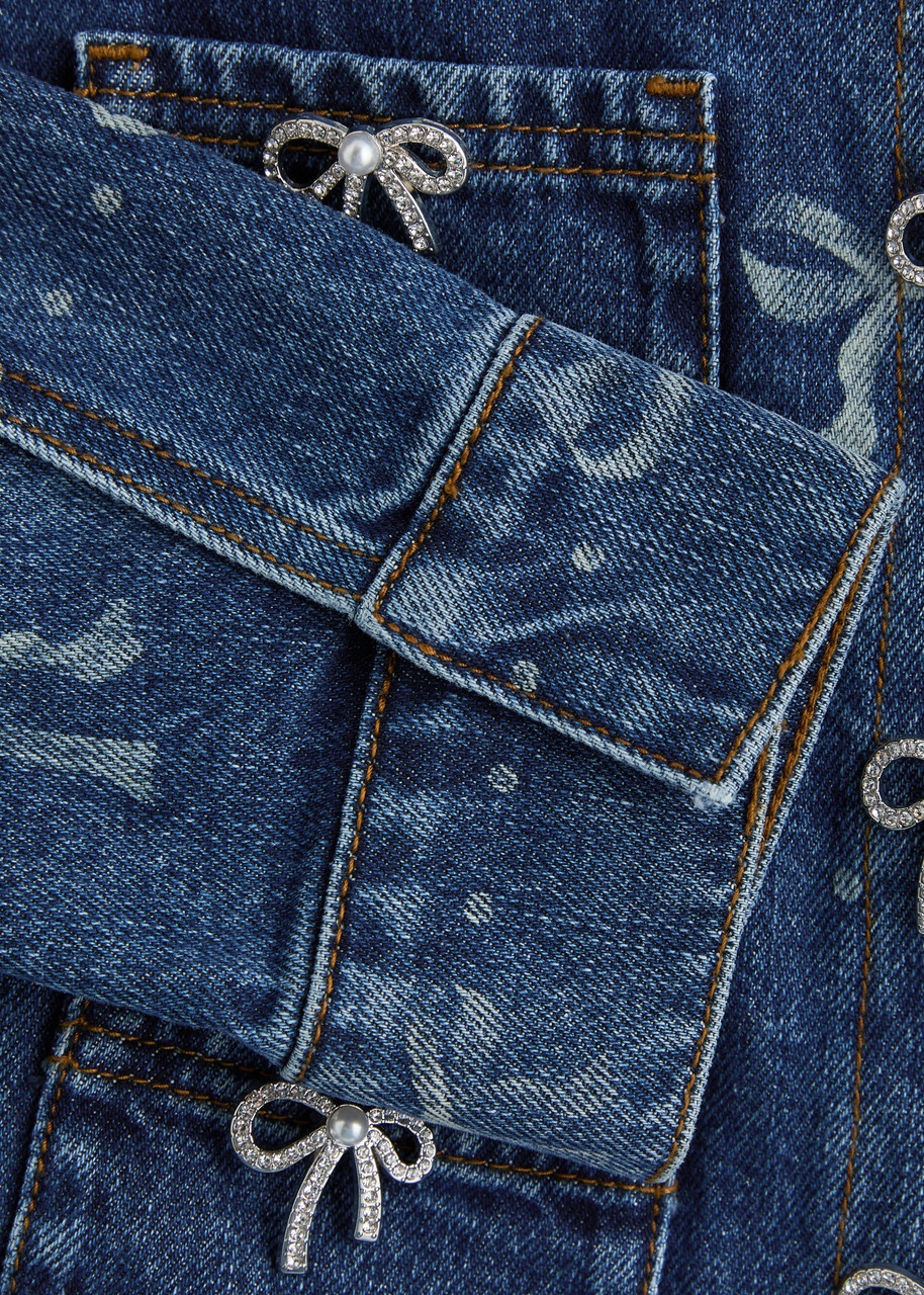 Self-portrait Bow-print Embellished Denim Cropped Jacket Self-Portrait