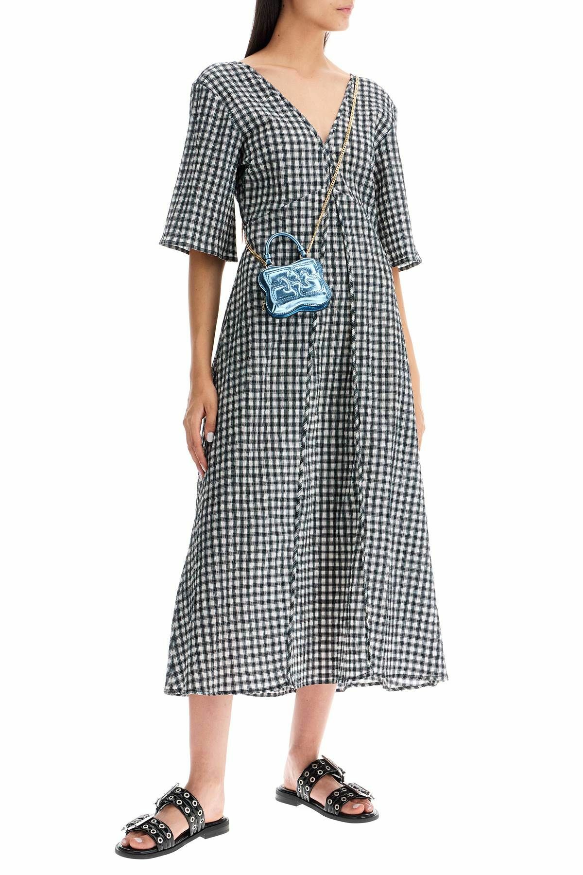 GANNI midi seersucker check dress White GANNI