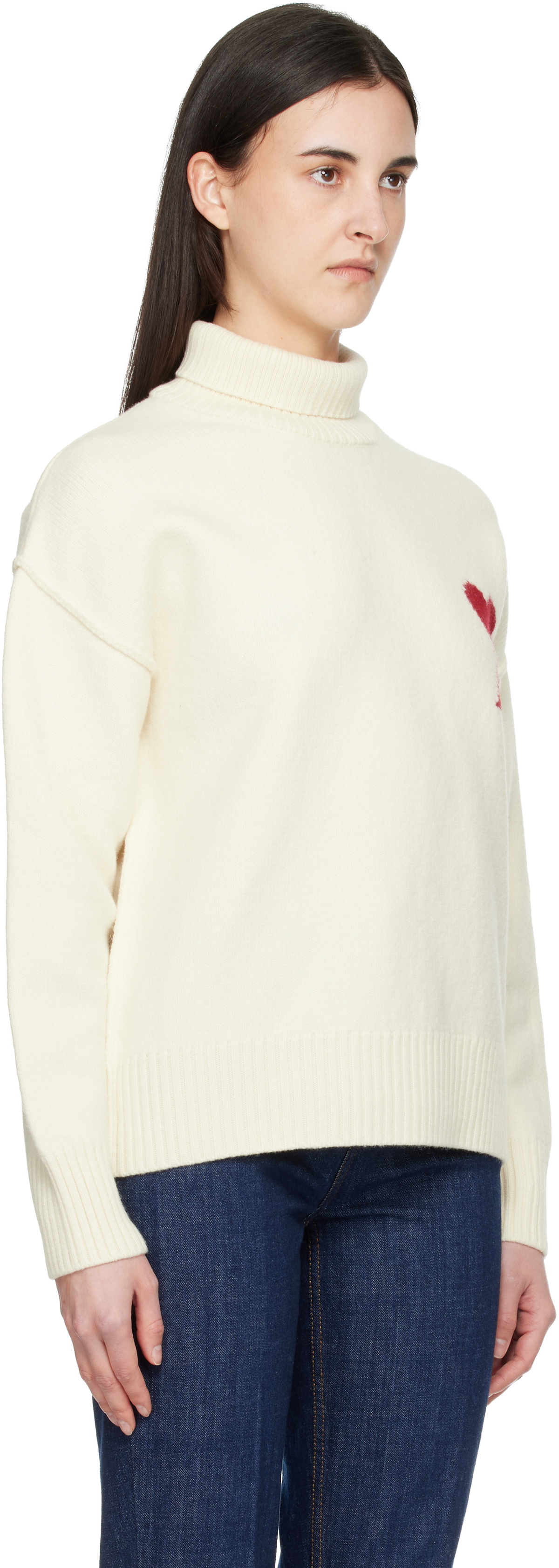 AMI Paris Off-White Contrasted Ami de Coeur Funnel Neck Sweater AMI