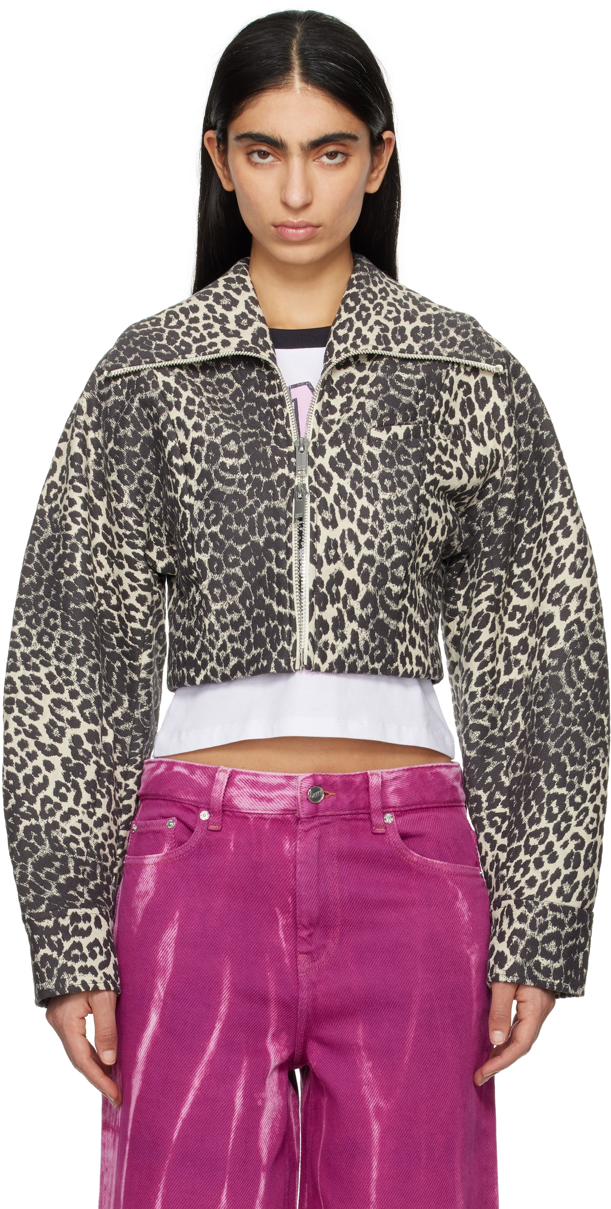 GANNI Beige & Gray Leopard Curve Sleeve Short Jacket GANNI