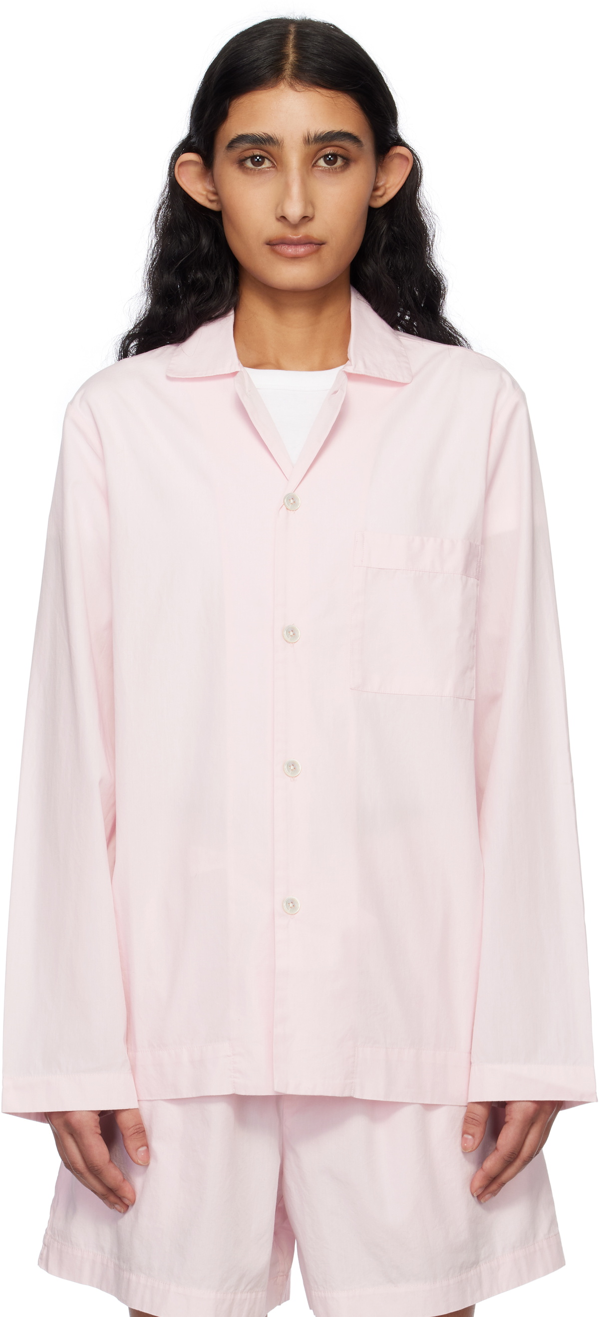 Tekla Pink Poplin Long-Sleeved Pyjama Shirt Tekla Fabrics