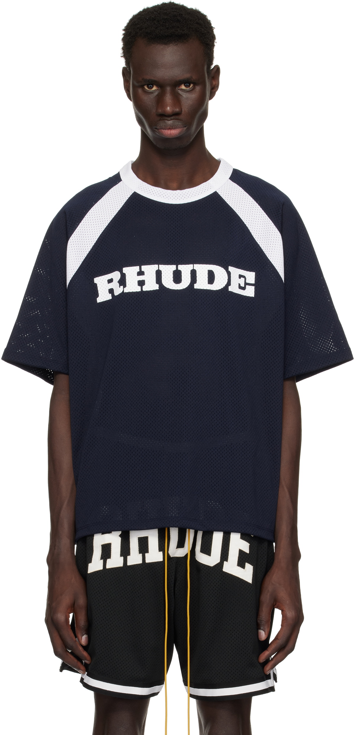 Rhude Navy & White Racing Logo Mesh T-shirt Rhude