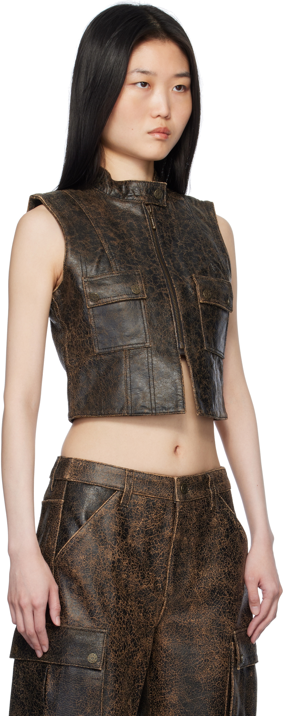 GUESS USA Brown Crackled Leather Vest GUESS
