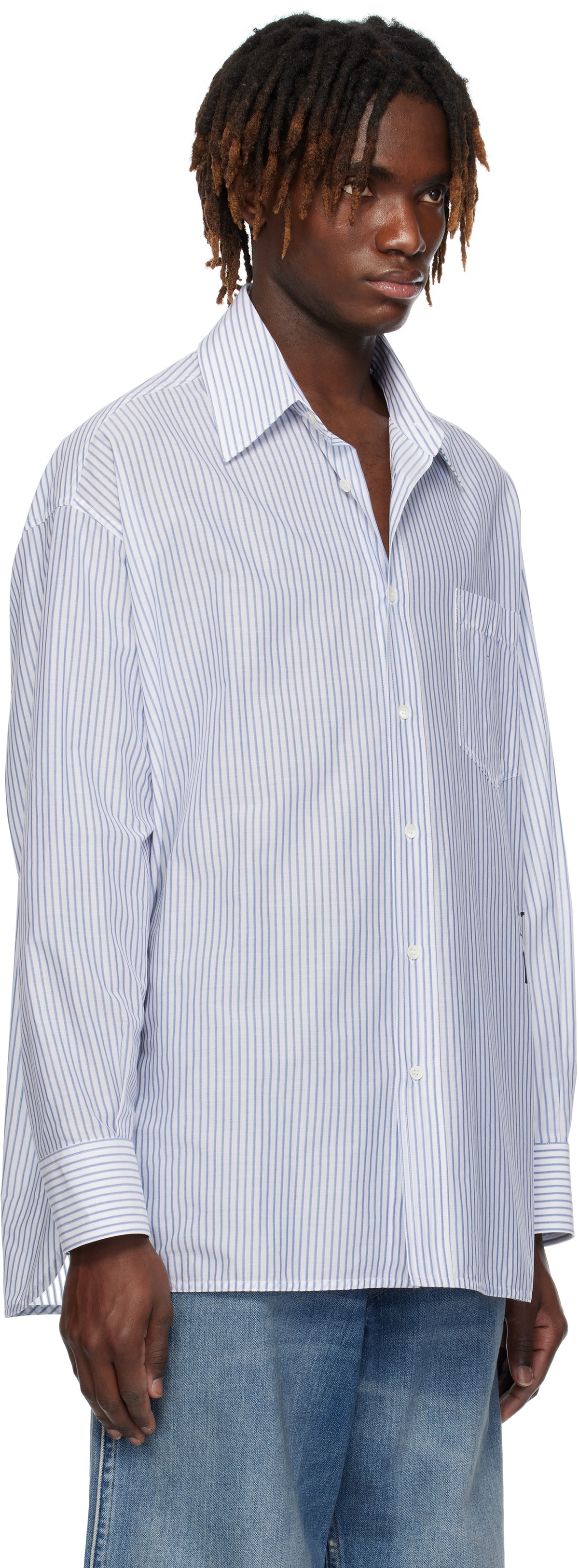 MM6 Maison Margiela White & Blue Asymmetric Striped Poplin Shirt MM6 ...