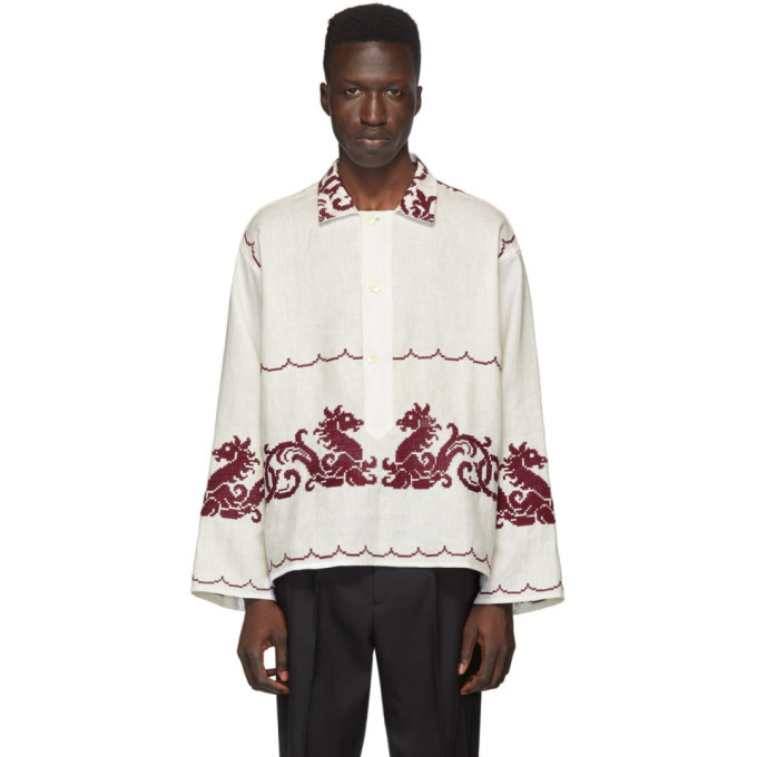 Bode White and Burgundy Dragon Scene Embroidery Shirt Bode