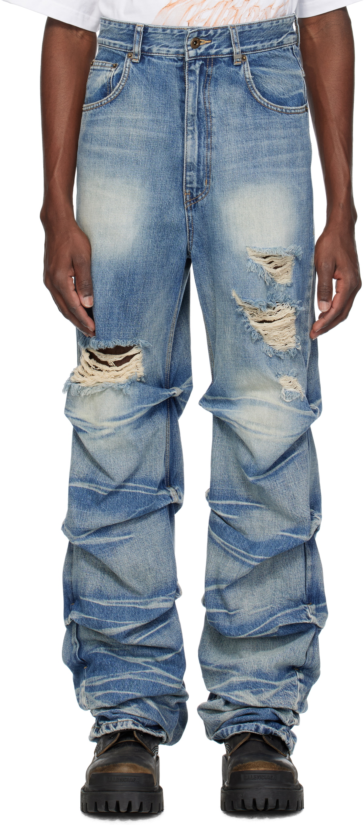 We11done Blue Wrinkled Straight Jeans We11done