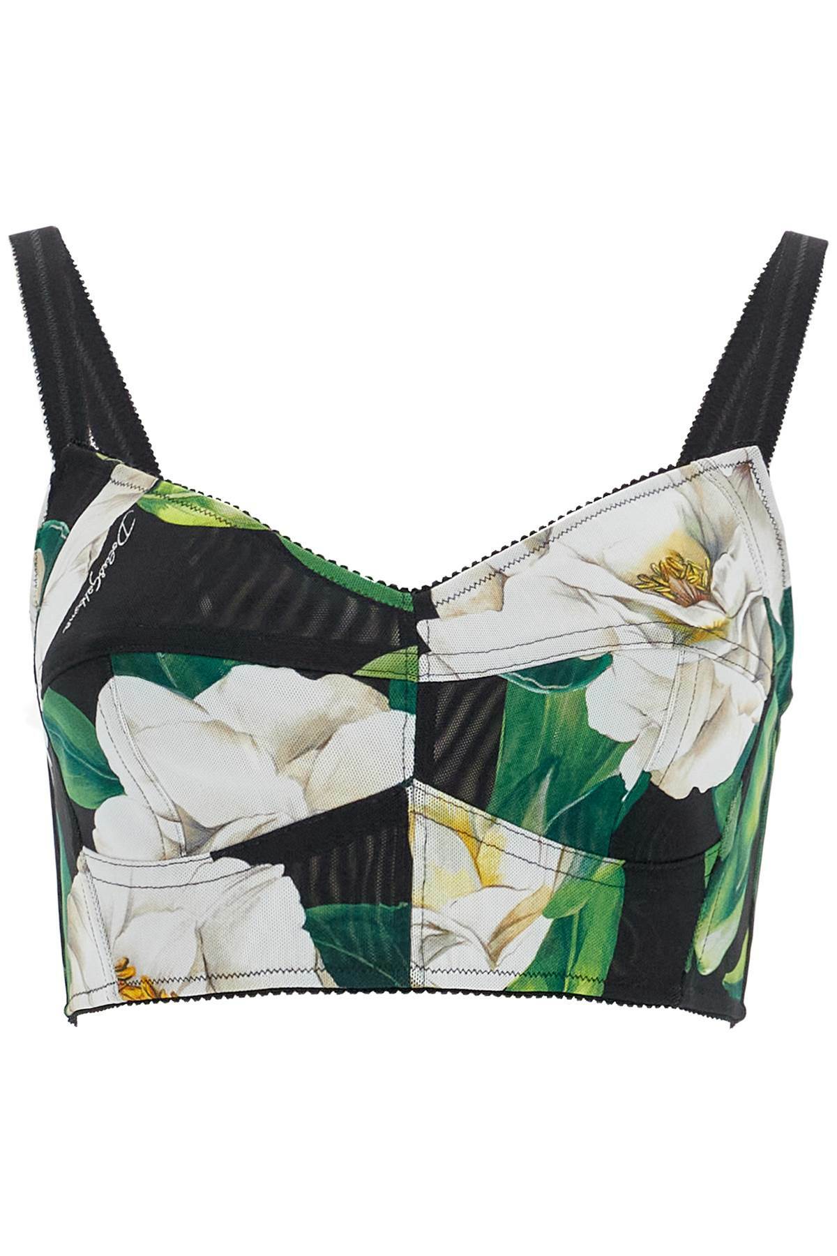 DOLCE & GABBANA black polyamide bra with floral pattern and deep ...