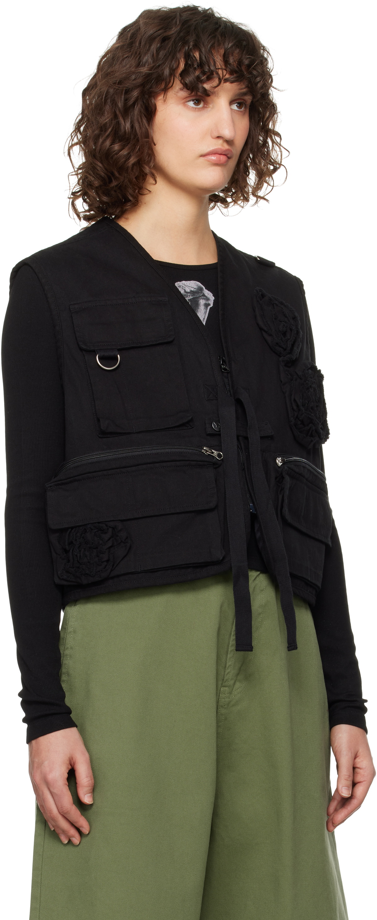 OPEN YY Black Appliqué Cargo Vest OPEN YY