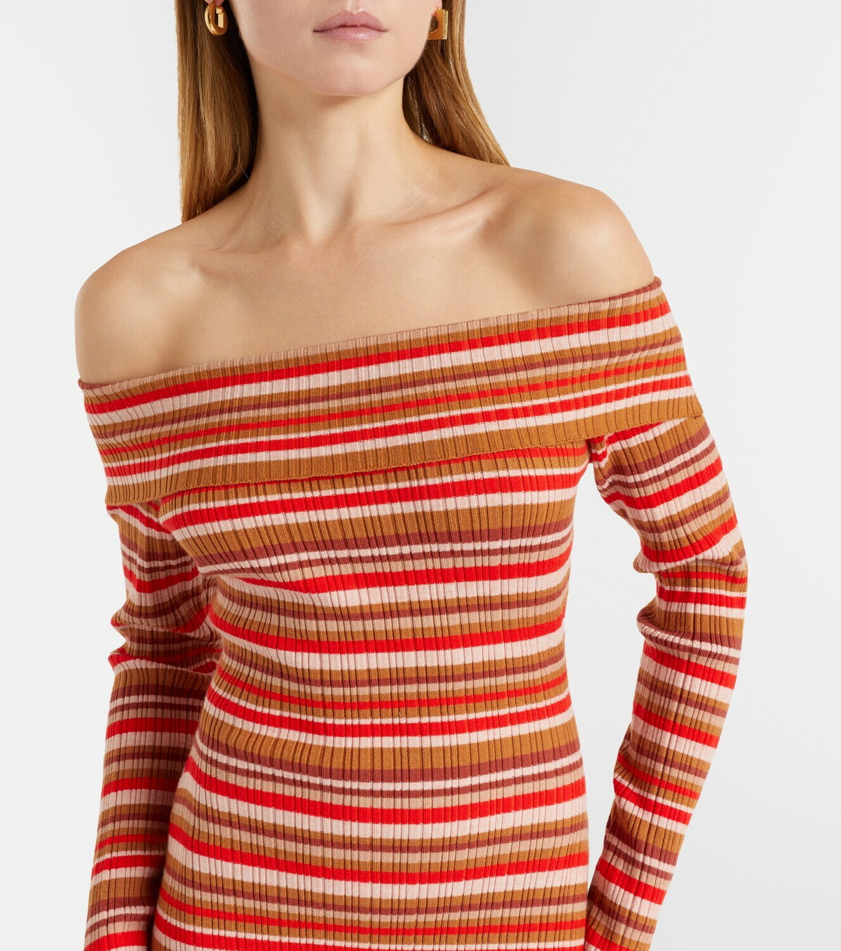 Bananhot Bonnie ribbed-knit striped off-shoulder maxi dress Bananhot